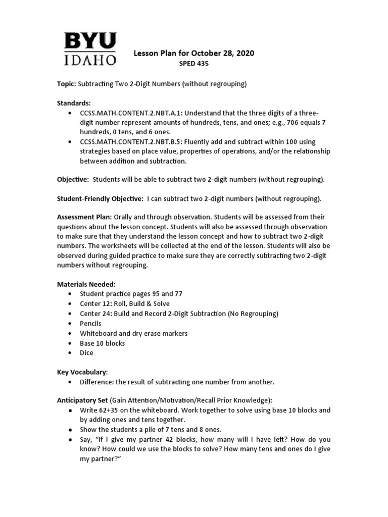 Subtract Two 2-Digit Numbers Lesson Plan | PDF | Worksheet | Lesson Plan