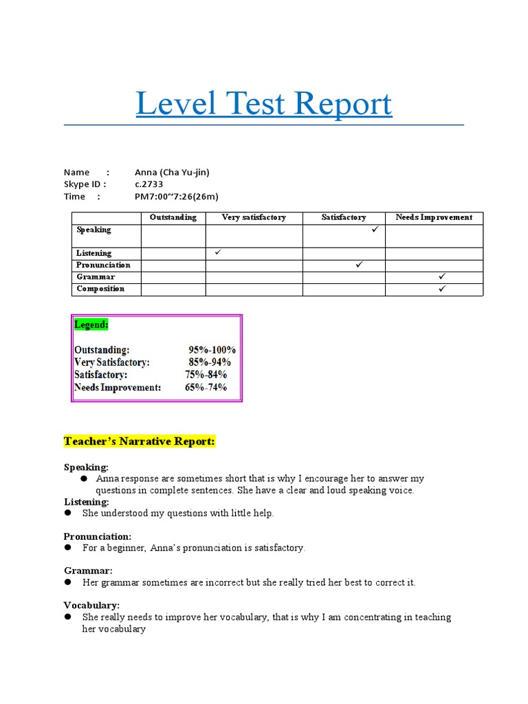 Level Test Report: Teacher's Narrative Report | PDF | Vocabulary ...
