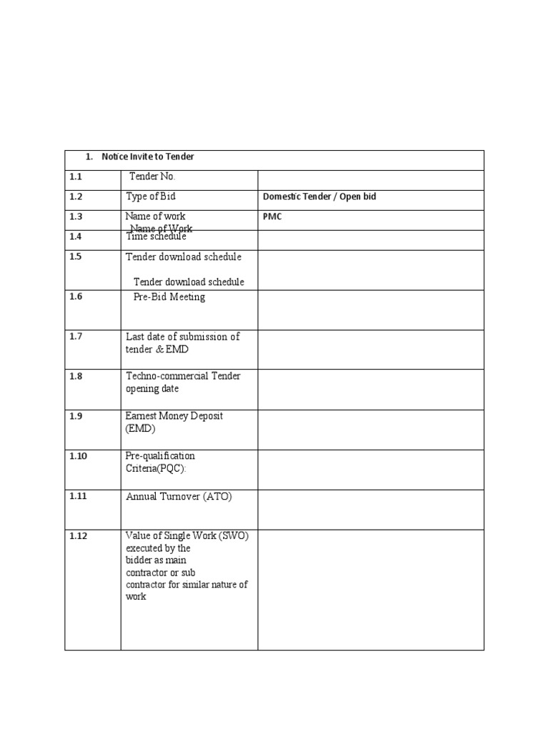 Tender Download Schedule: 1. Notice Invite To Tender 1.1 1.2 Domestic ...
