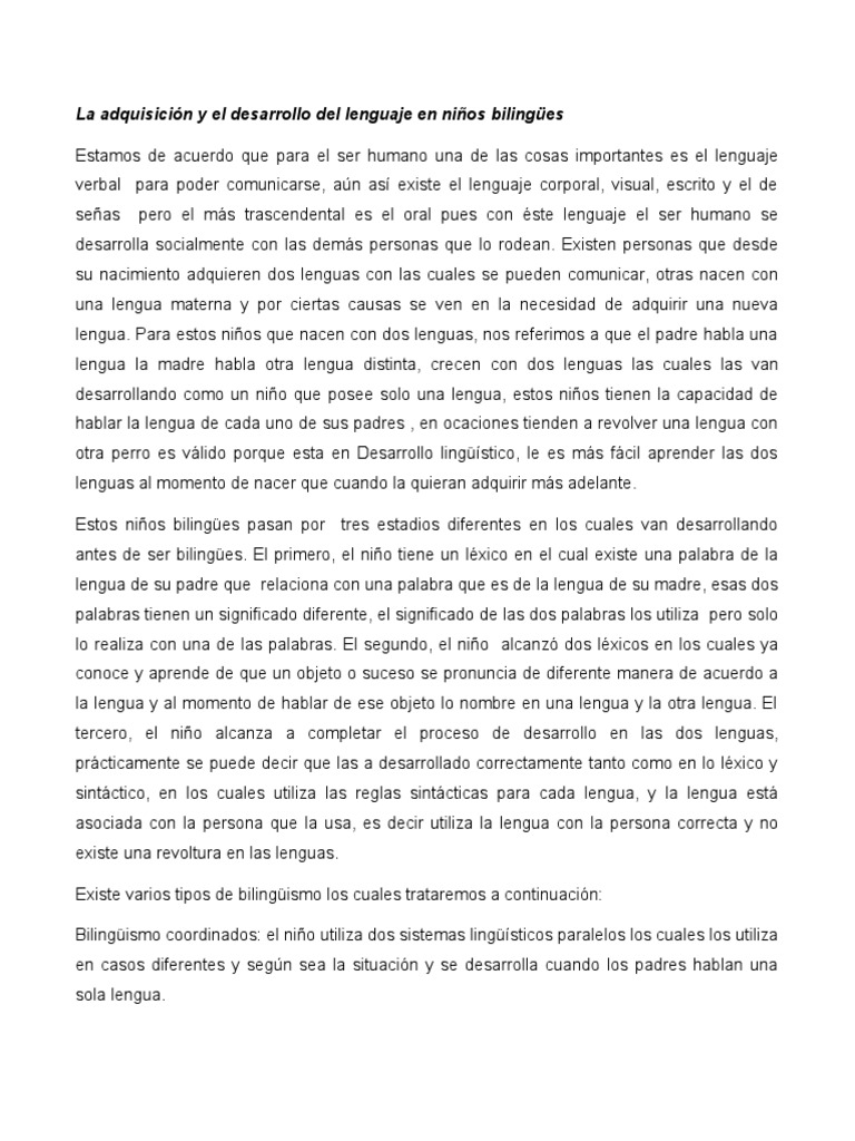 La Adquisicion y Desarrollo de La Lengua en Niños Bilingues | Descargar ...