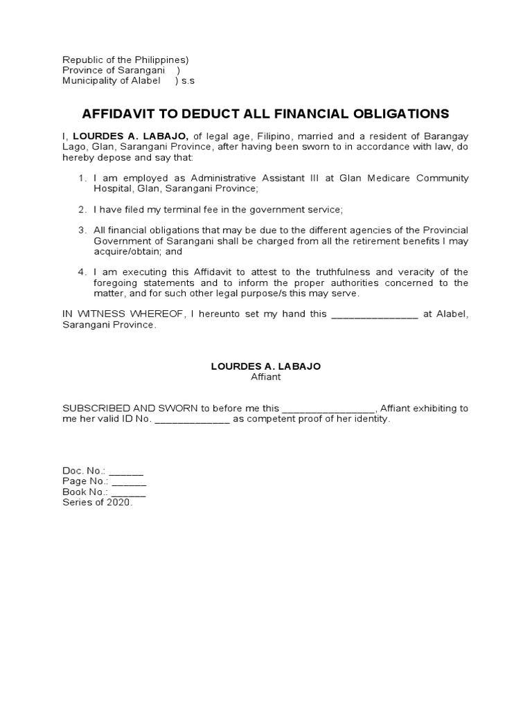 Affidavit To Deduct All Financial Obligations | PDF