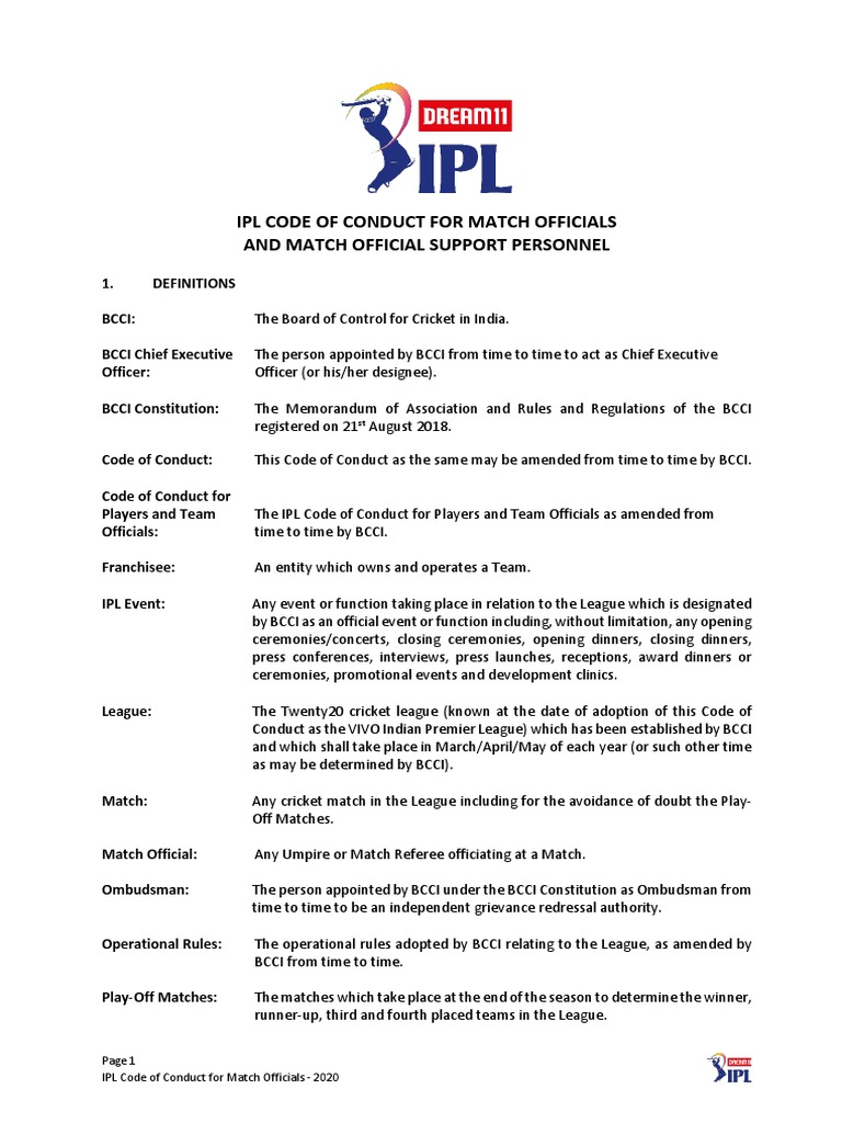 IPL Code of Conduct For Match Officials and Match Offical Support ...