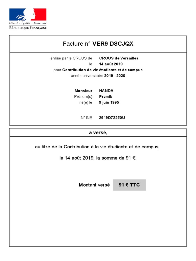 Attestation de Facture CROUS 2019 | PDF
