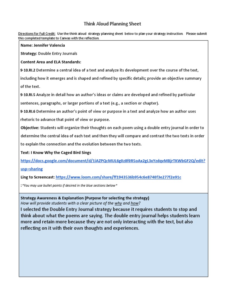 Think Aloud Strategy Planning Sheet | PDF | Poetry | Learning