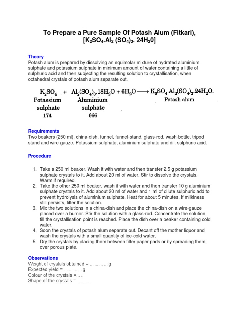 To Prepare A Pure Sample of Potash Alum (Fitkari), (K SO .Al (SO) - 24H ...