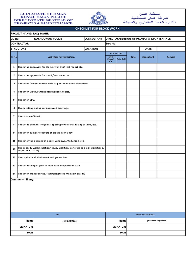 Checklist For Super Structure Block Work | PDF