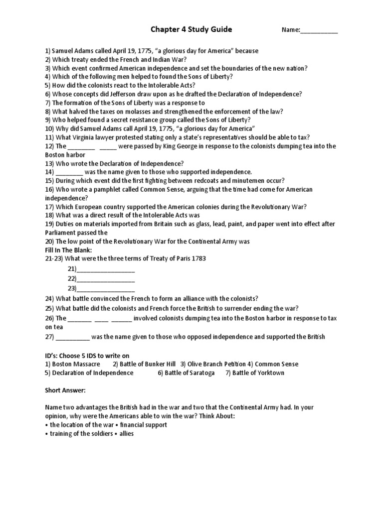 Chapter 4 Study Guide: Fill in The Blank | PDF | United States ...