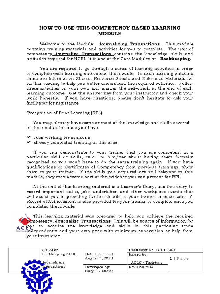 CBLM - Journalizing | PDF | Expense | Bookkeeping