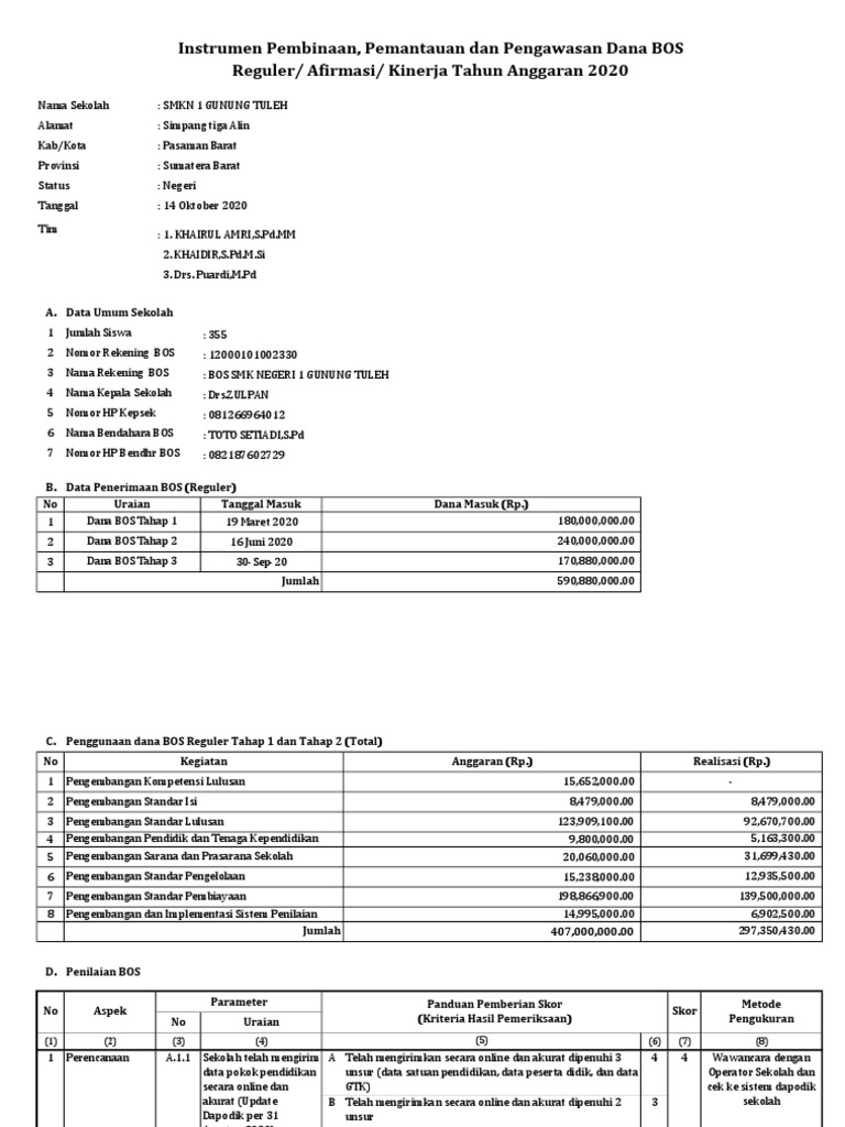 Instrumen Monev BOS SMKN 1 GT 2020 PDF | PDF