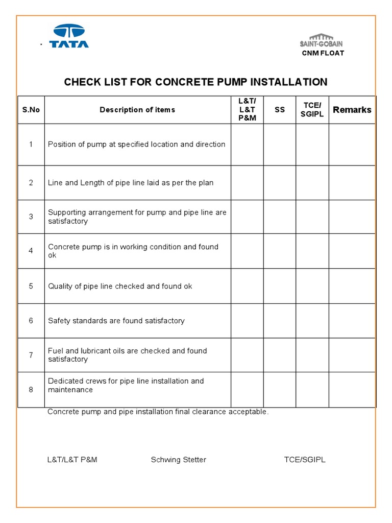Check List For Concrete Pump Installation: S.No Description of Items L ...