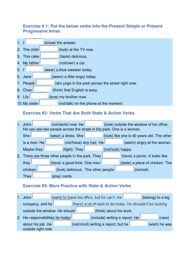 Action and Stative Verbs Exercise | PDF