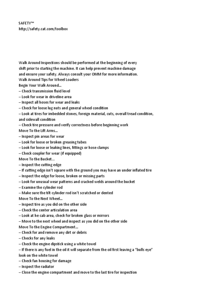 Machine Walk Around and Inspection | PDF | Tire | Loader (Equipment)