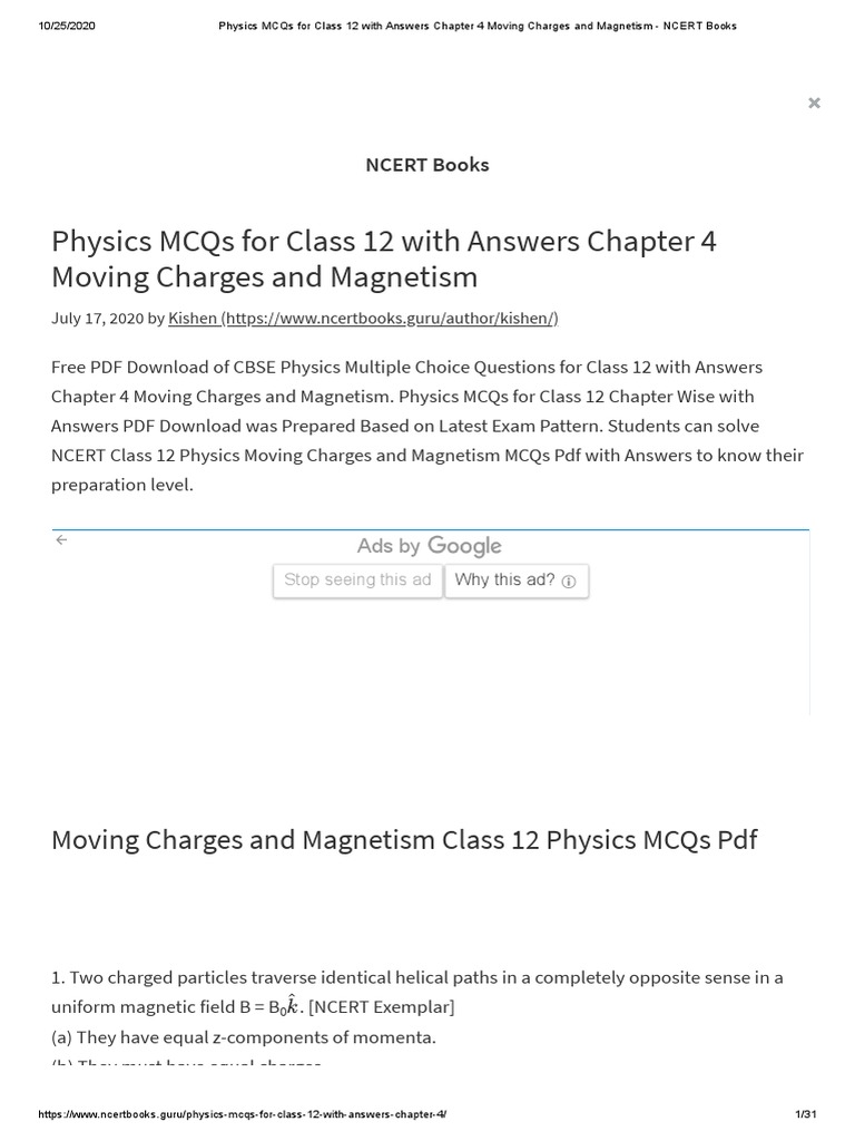 Physics MCQs For Class 12 With Answers Chapter 4 Moving Charges and ...