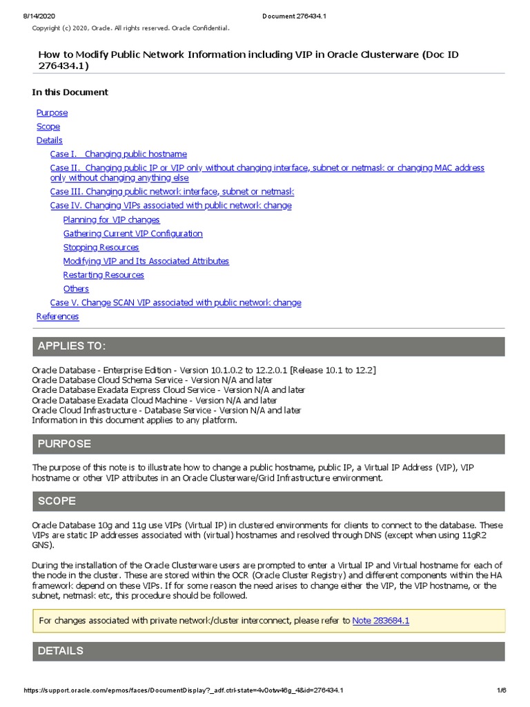 How To Modify Public Network Information Including VIP in Oracle Clusterware (Doc ID 276434.1 ...