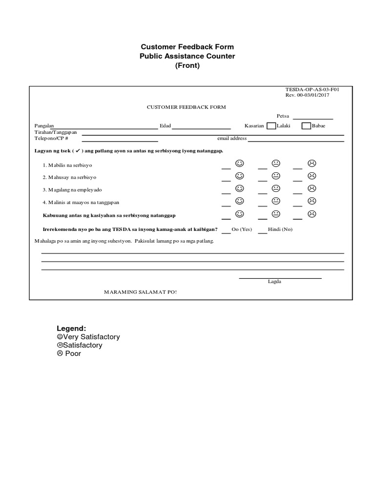 Customer Feedback Form Public Assistance Counter (Front) : Very ...