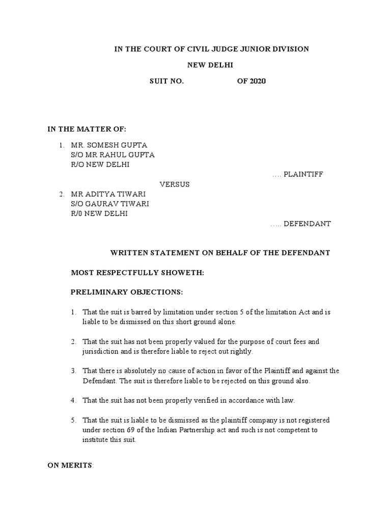 Defendant's Written Statement in Civil Suit | PDF | Prejudice (Legal ...