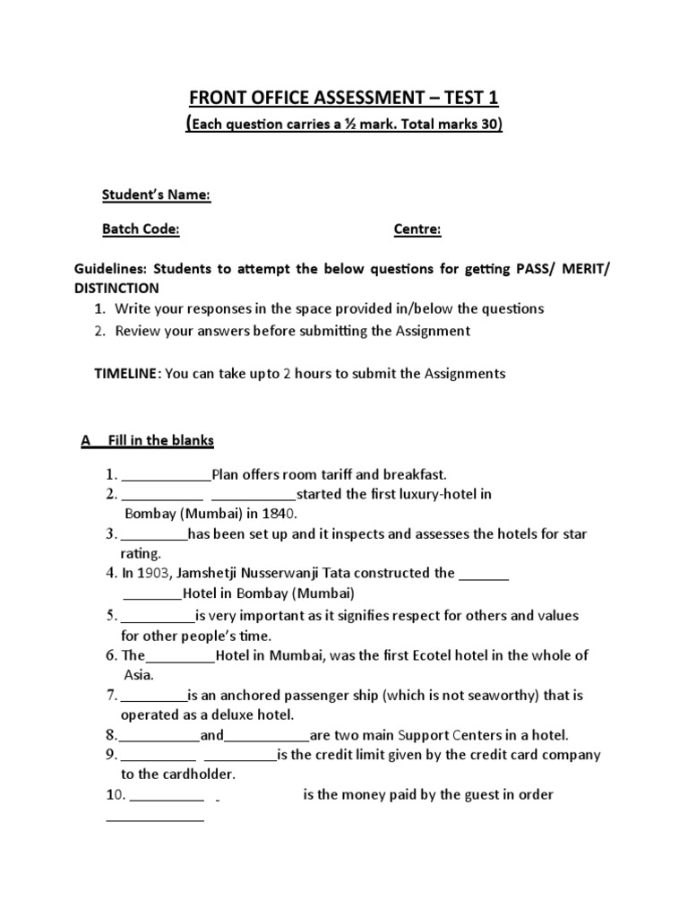 Front Office Assessment Test | PDF | Hotel | Service Industries