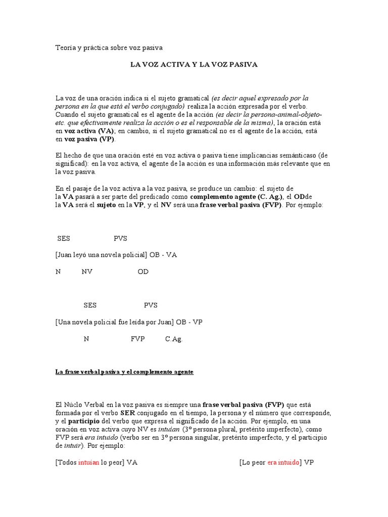 Teoría y Práctica Sobre Voz Pasiva | PDF | Verbo | Asunto (gramática)