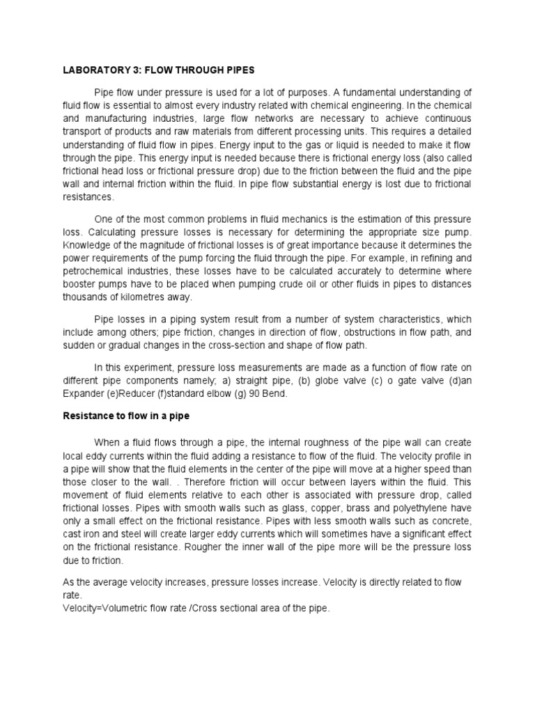 Lab Experiment 3 - Flow Through Pipes | PDF | Reynolds Number | Fluid Dynamics