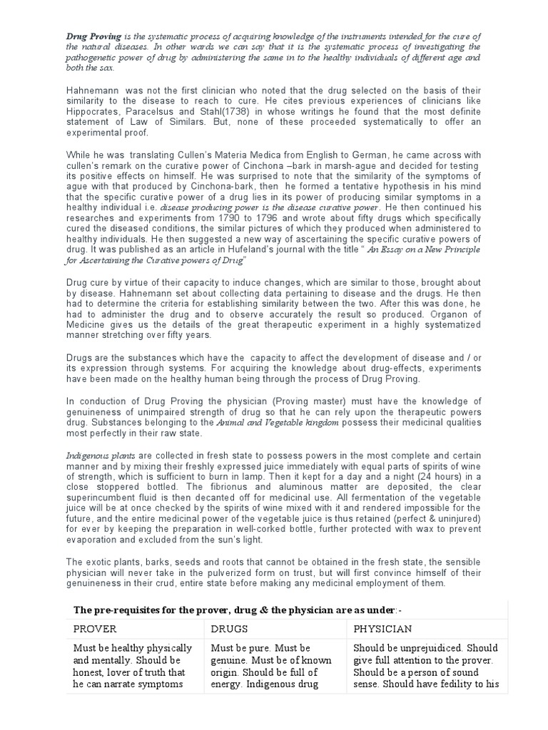 Drug Proving Is The Systematic Process of Acquiring Knowledge of The ...