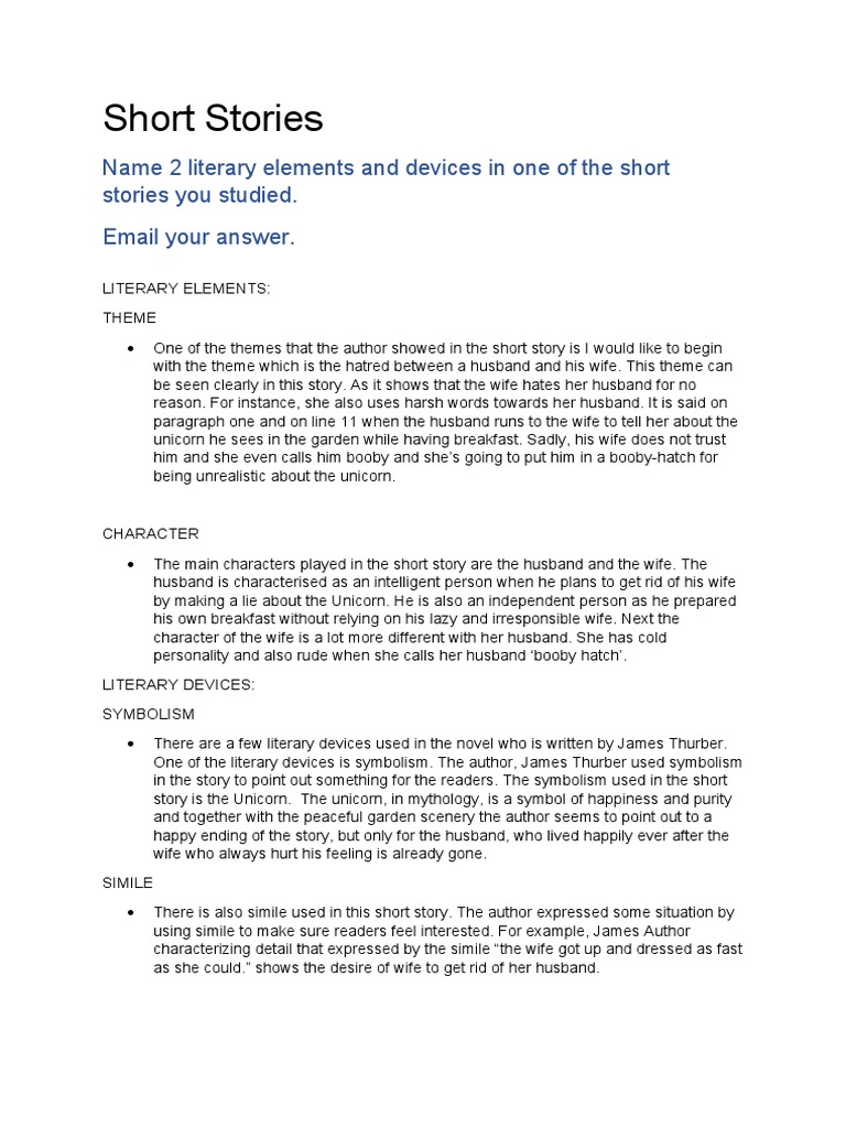 Short Stories: Name 2 Literary Elements and Devices in One of The Short ...