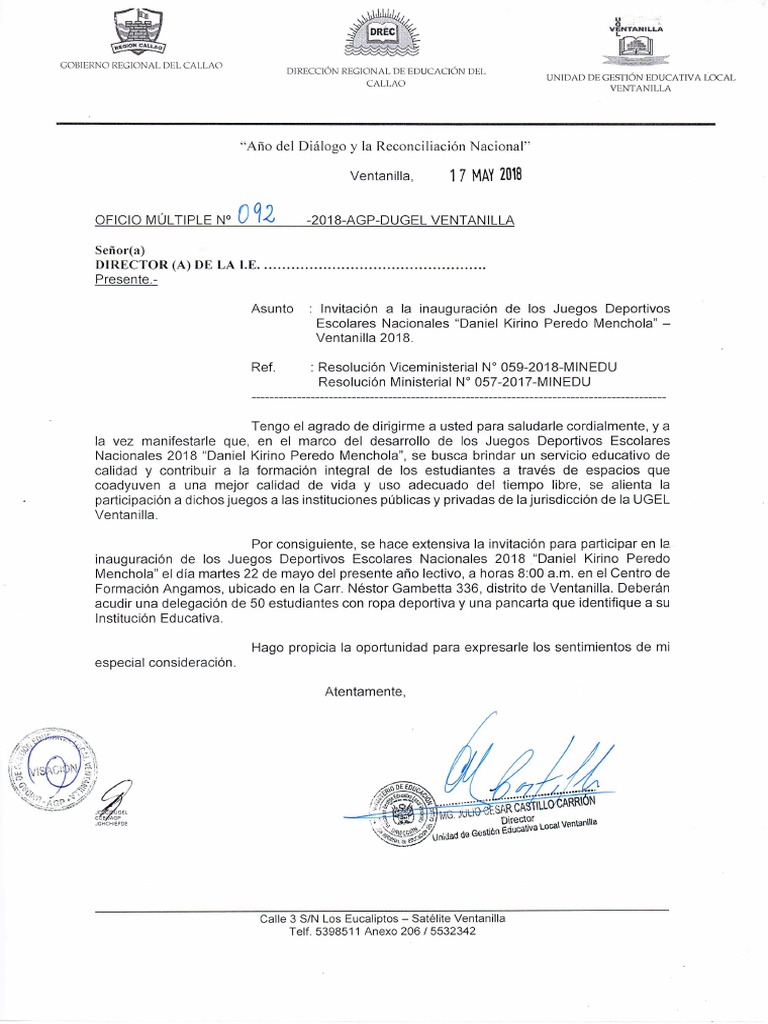 Oficio 092 Invitacion A La Inauguracion de Los Juegos Deportivos Escolares Nacionales Ventanilla ...