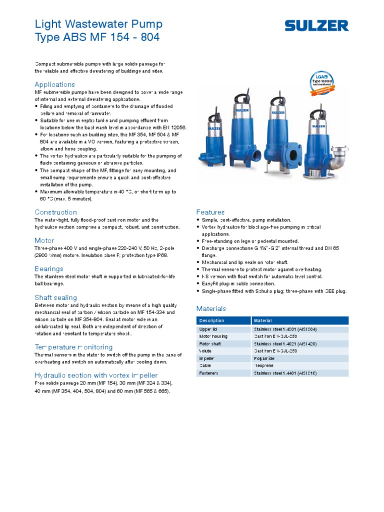 Catalogue MF Sulzer | PDF | Electric Motor | Pump