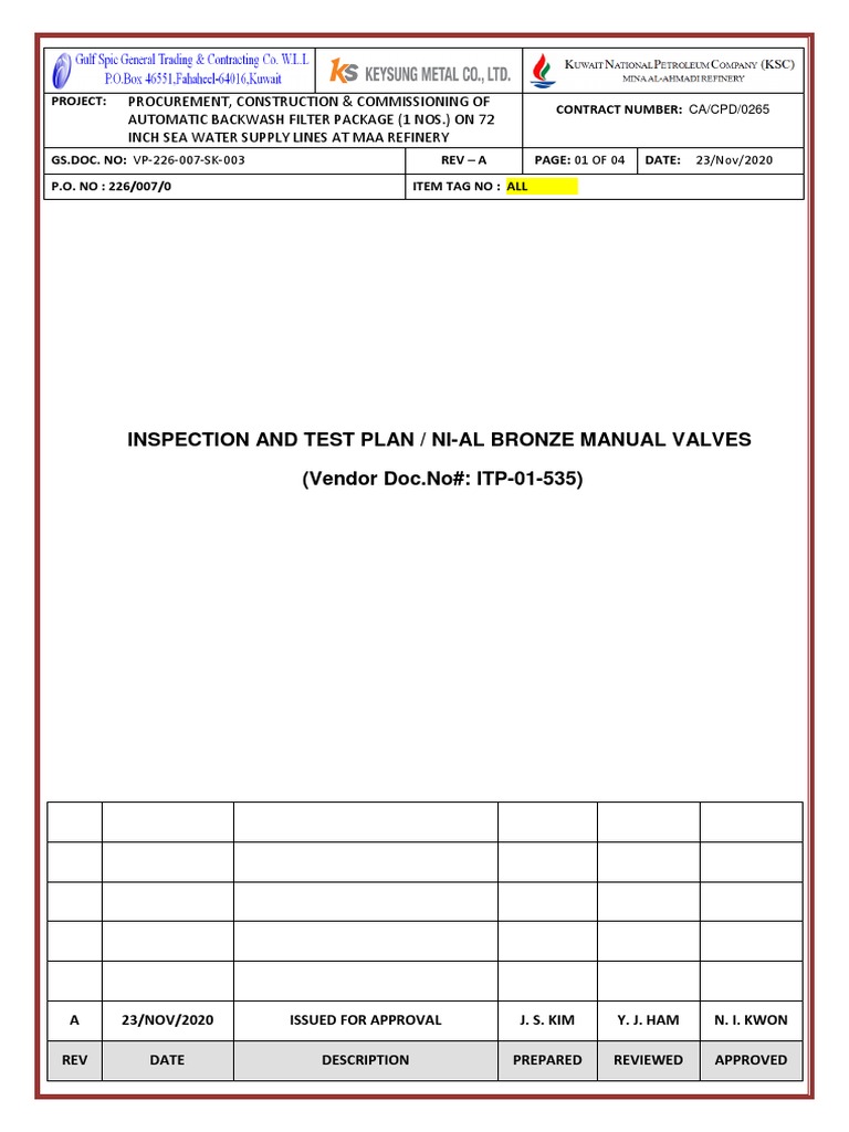 Inspection and Test Plan / Ni-Al Bronze Manual Valves (Vendor Doc - No ...