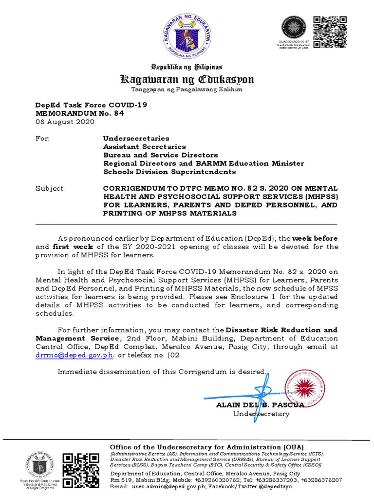 Corrigendum: DepEd MHPSS Schedule | PDF | Communication | Wellness