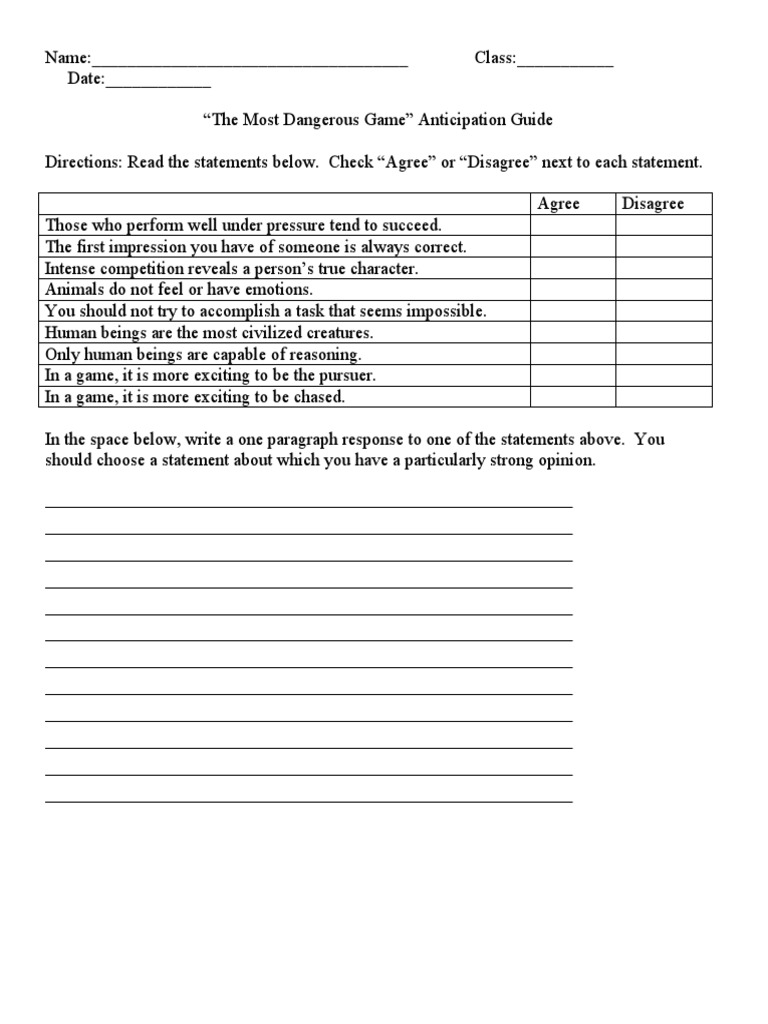 Most Dangerous Game Anticipation Guide | PDF | Games & Activities