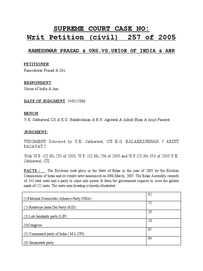 Supreme Court Case No: Writ Petition (Civil) 257 of 2005: Rameshwar ...