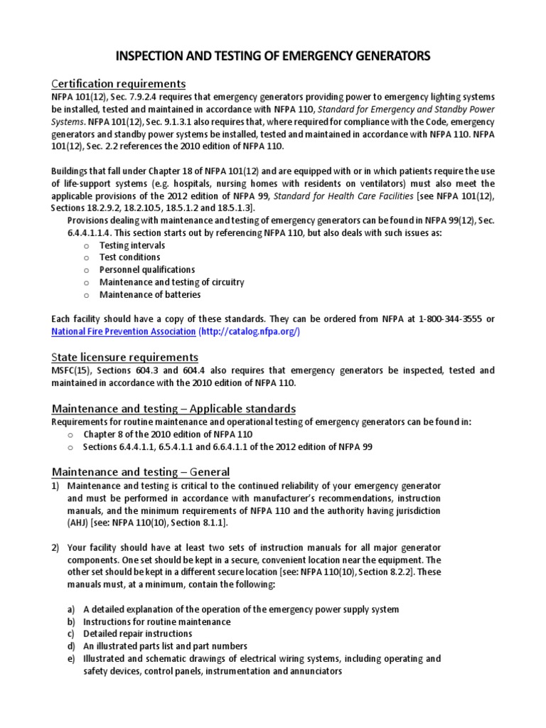 Inspection and Testing of Emergency Generators: Certification ...