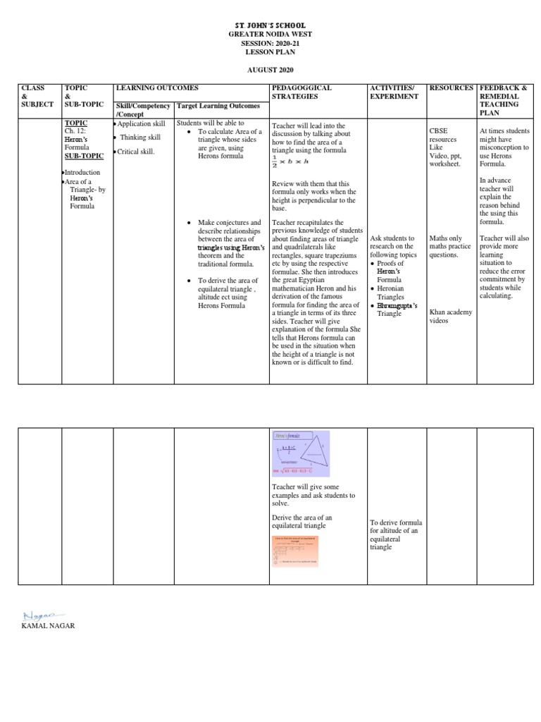 Lesson Plan Herons Formula PDF | PDF | Area | Triangle