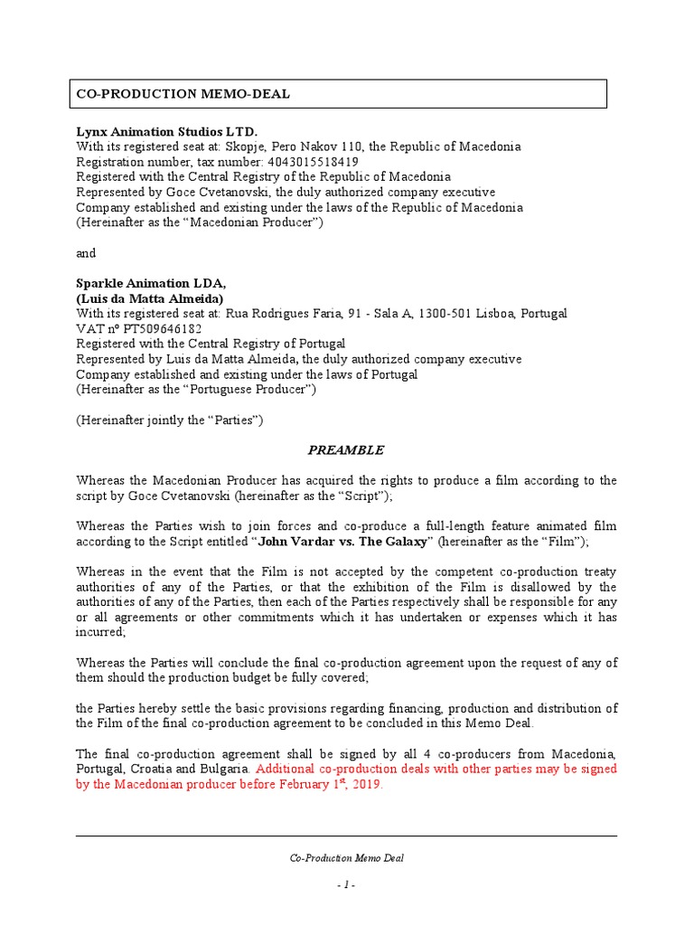 Co-Production Memo-Deal Lynx Animation Studios LTD.: Preamble | PDF ...