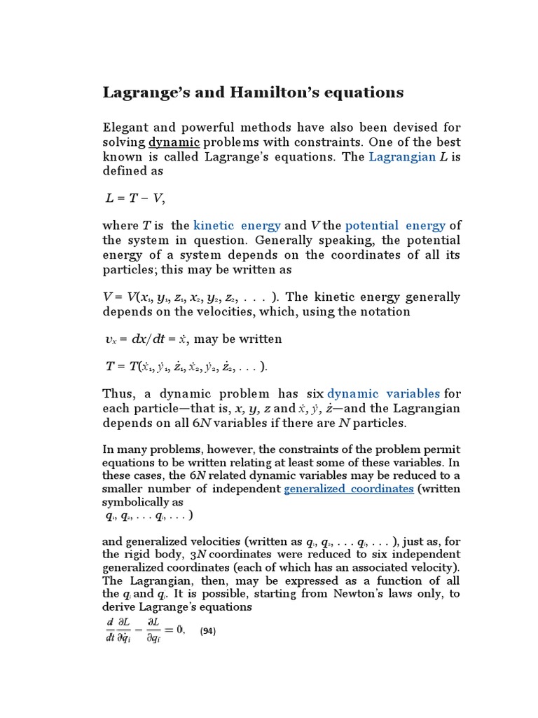 Lagrange's and Hamilton's Equations: Dynamic | PDF | Hamiltonian Mechanics | Lagrangian Mechanics