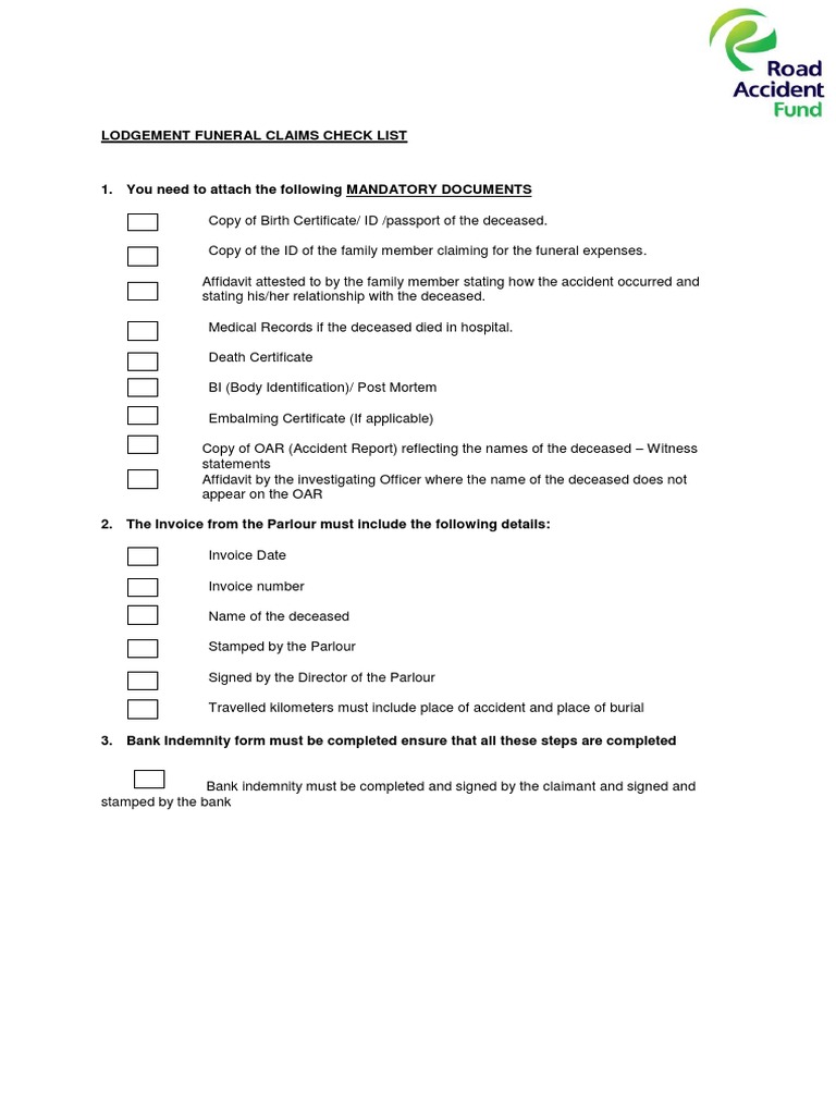 Funeral Claims Documentation Checklist | PDF | Funeral | Indemnity