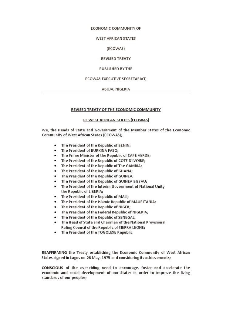Ecowas Revised Treaty | PDF | Economic Community Of West African States ...
