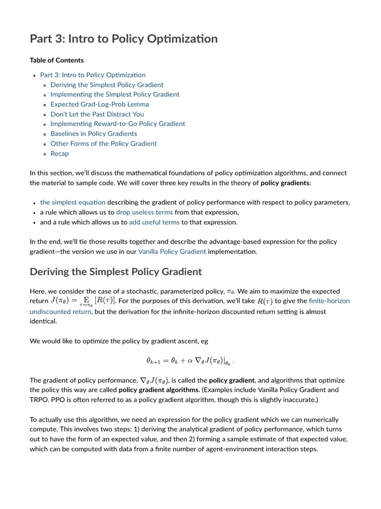 Part 3 - Intro To Policy Optimization - Spinning Up Documentation PDF ...