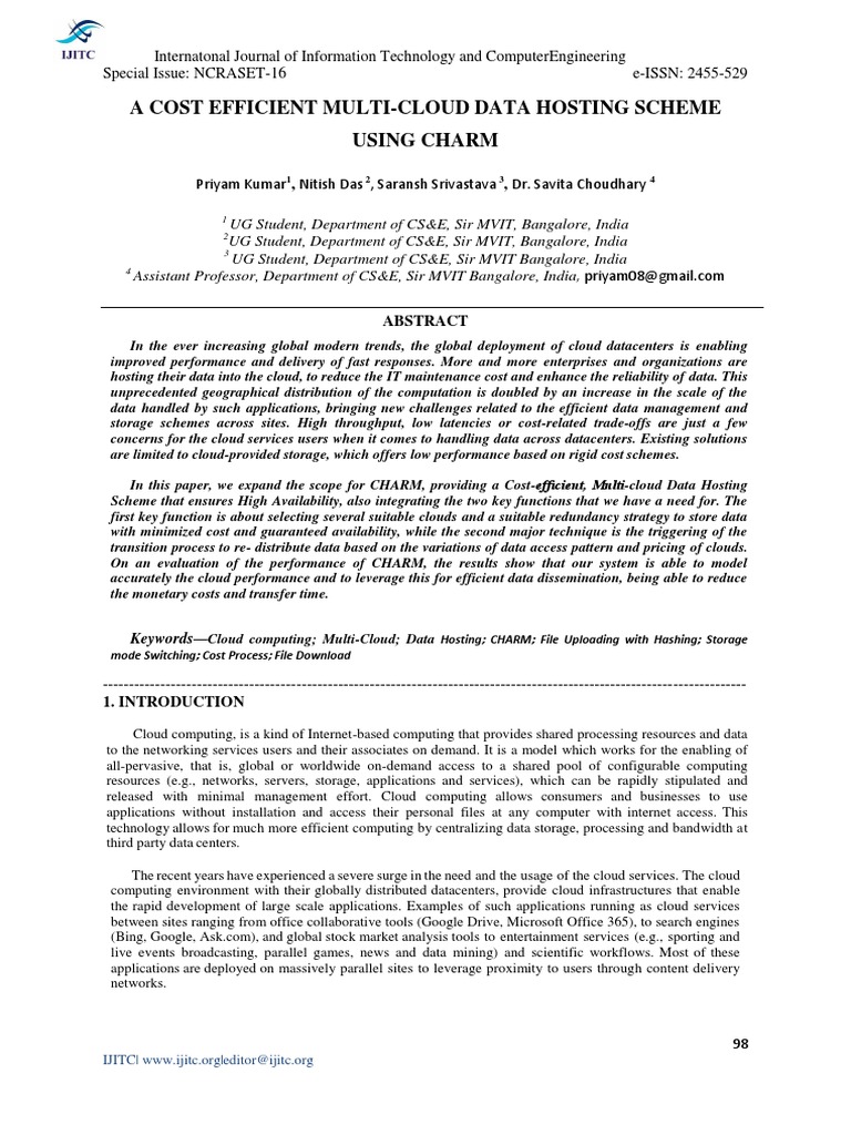 A Cost Efficient Multi-Cloud Data Hosting Scheme Using Charm | PDF | Cloud Computing | Encryption