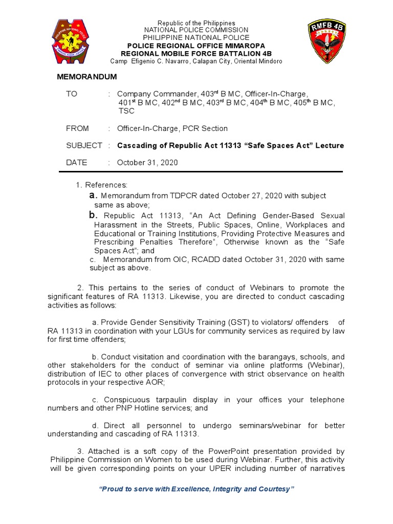 Memorandum: Police Regional Office Mimaropa Regional Mobile Force ...