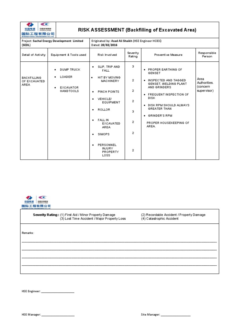 RISK ASSESSMENT (Backfilling of Excavated Area) | PDF | Prevention | Safety