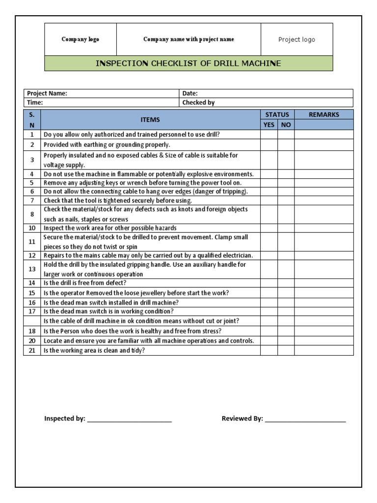 Inspection Checklist of Drill Machine: Project Name: Date: Time ...