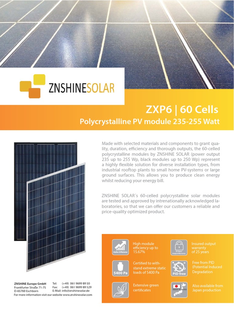 ZXP6 - 60 Cells: Polycrystalline PV Module 235-255 Watt | PDF | Solar Panel | Photovoltaics
