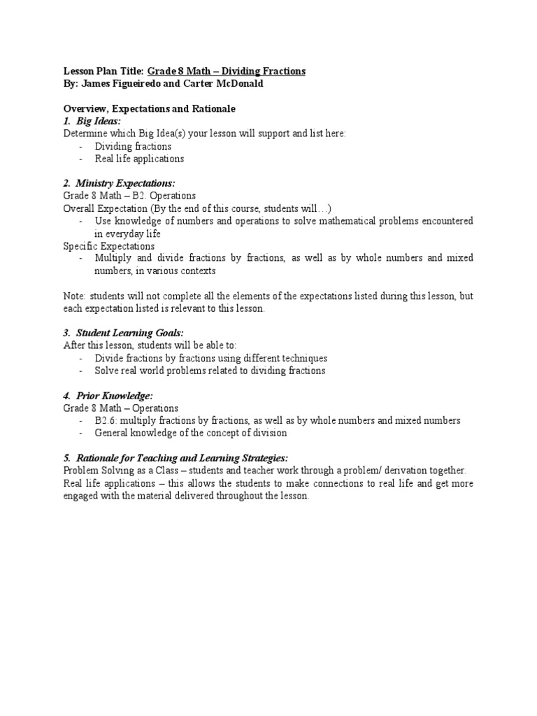 Grade 8 Division Lesson Plan | PDF | Lesson Plan | Baking