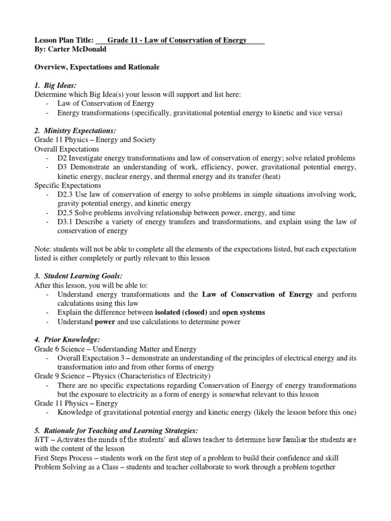 Lesson Plans - Conservation of Energy - Carter Mcdonald | PDF | Lecture ...