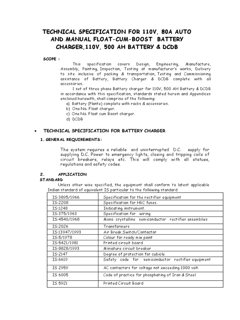 Technical Specification For 110V, 80A Auto and Manual Float-Cum-Boost ...
