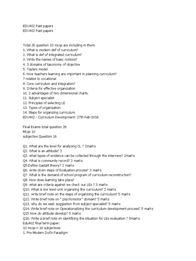 EDU402 Past Papers | PDF | Curriculum | Learning