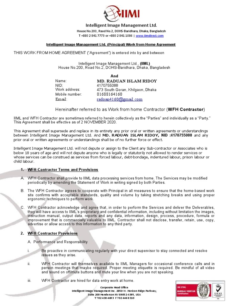 Work from Home Agreement Between Intelligent Image Management Ltd. and MD. RADUAN ISLAM RIDOY ...