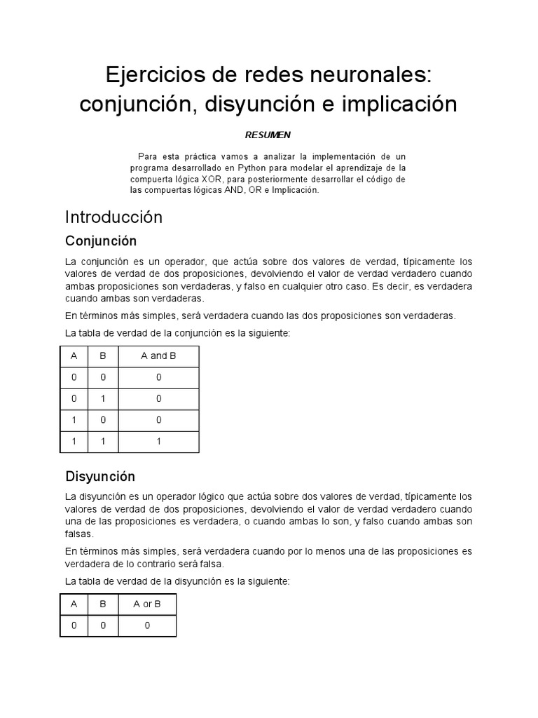 Redes Neuronales: AND, OR e Implicación | PDF | Red neuronal artificial ...