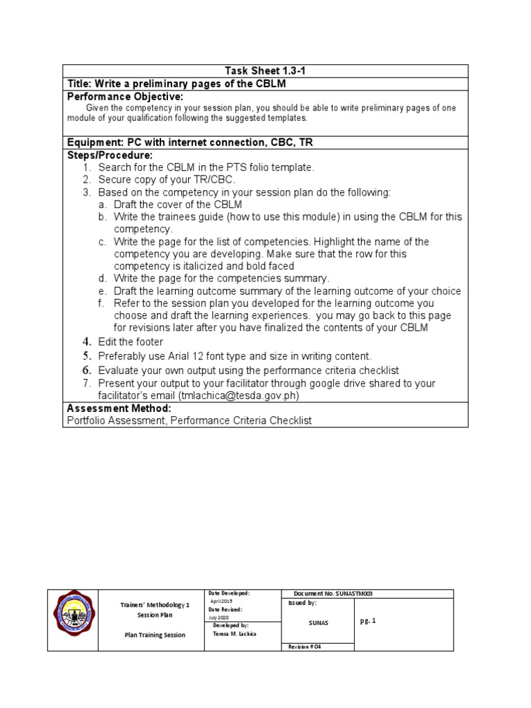 TASK Sheet 1.3-1 Prepare CBLM Preliminary Pages1 | PDF | Behavior Modification | Cognition